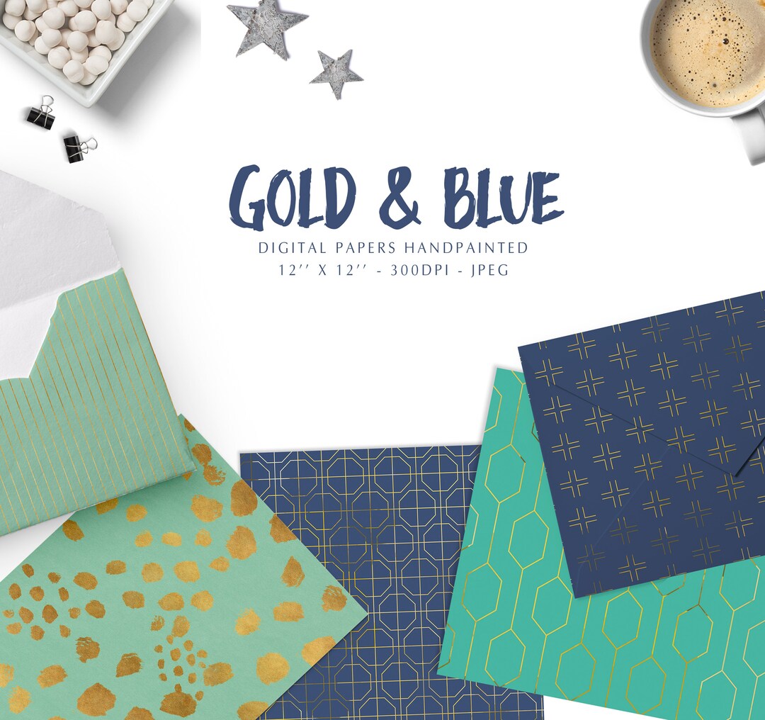 Digital Paper Gold, Blue and Turquoise, Geometric Patterns, Color Gold ...