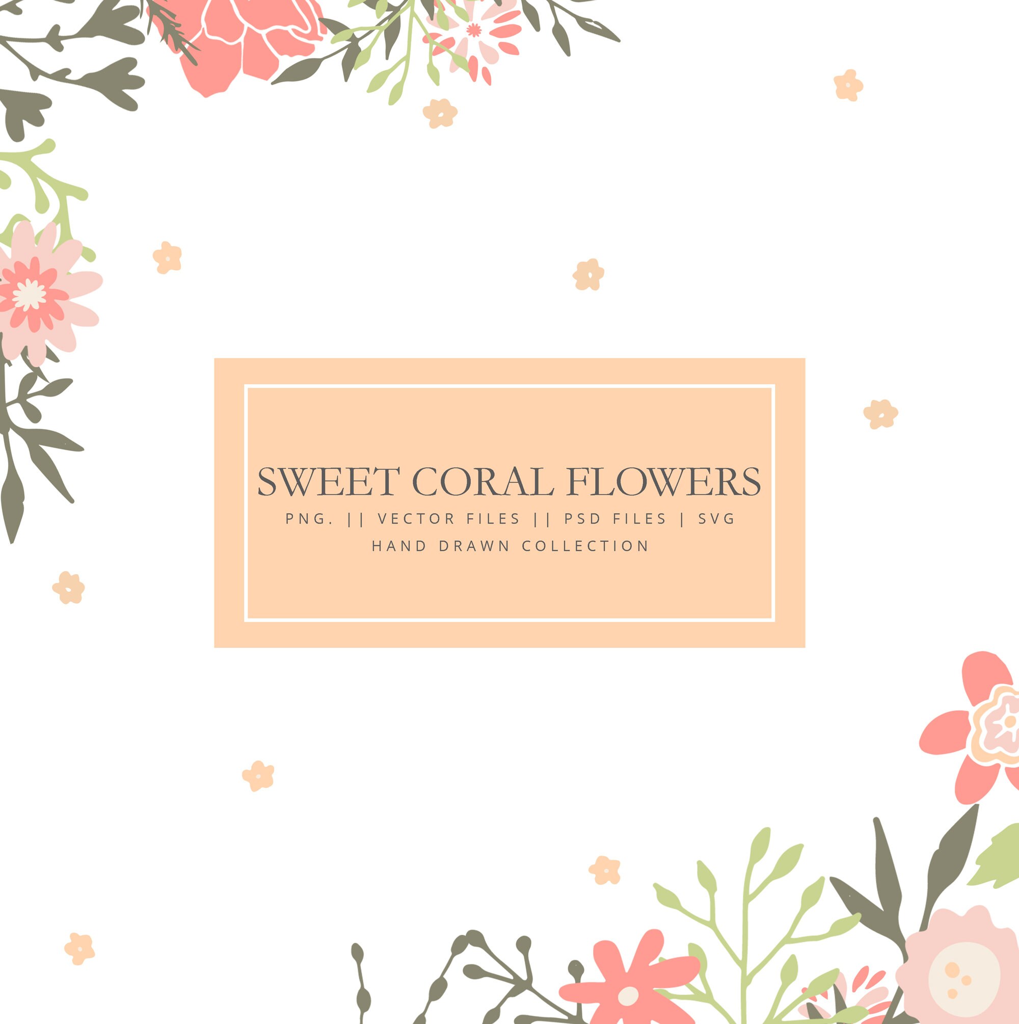 Clip Art With Doodle Flowers, Sweet Coral Flowers, Leaves and Branches ...