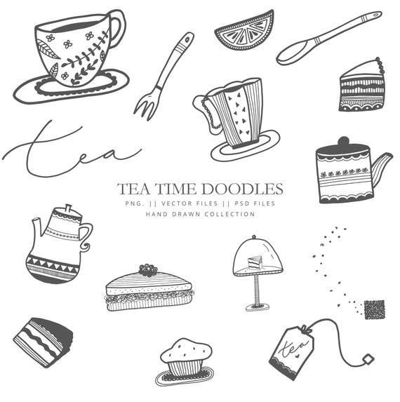 Clip Art Tea Time Illustrations Coffee Graphics Cake Spoon | Etsy