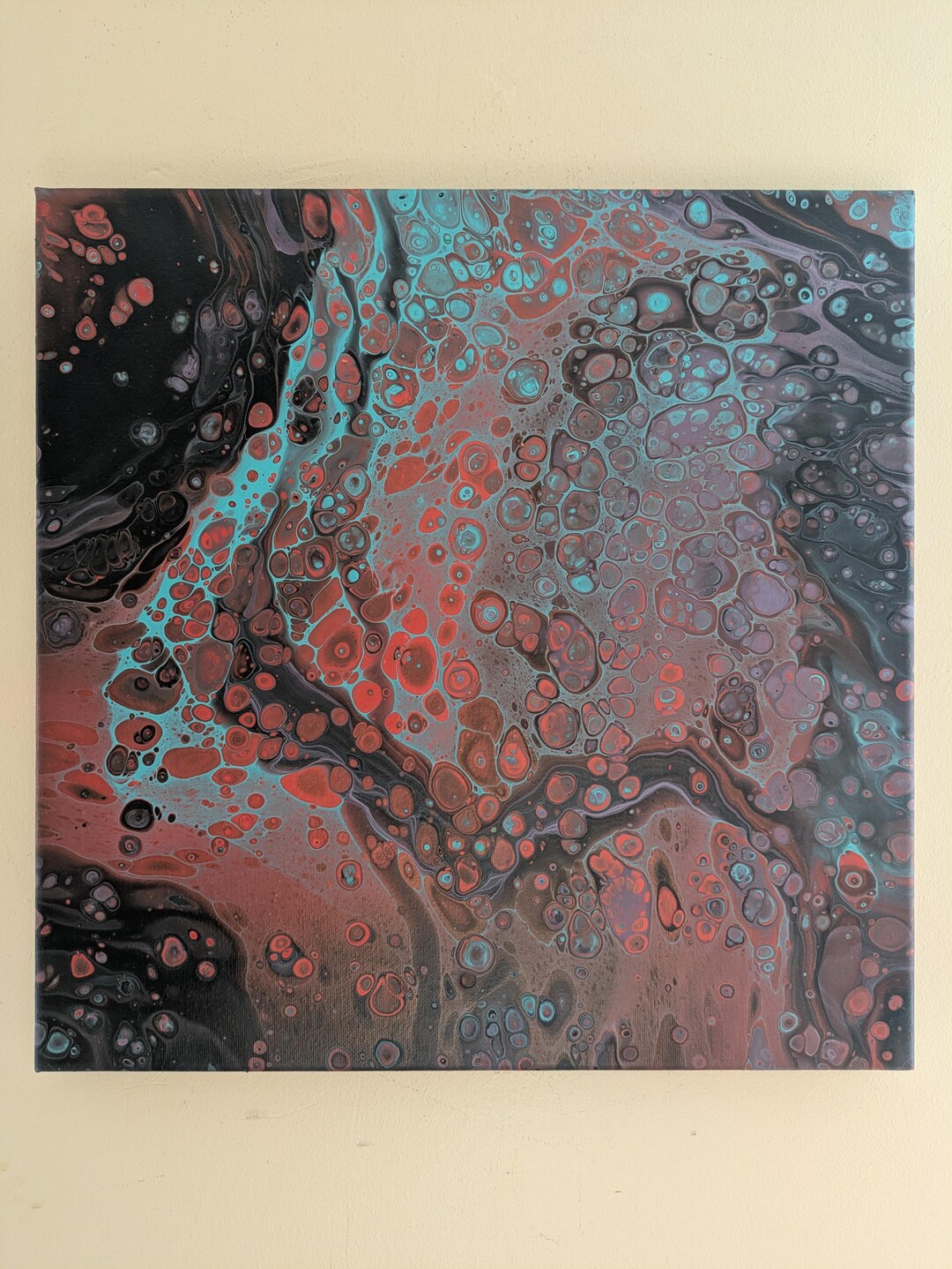 10x10 Abstract Pour Painting Cell Burst Red, Black and Blue Art - Etsy