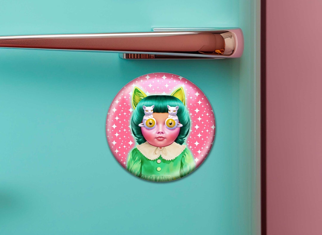 Refrigerator Magnet Anthropomorphic Creepy Doll Cat Flat, Cute Kitschy ...