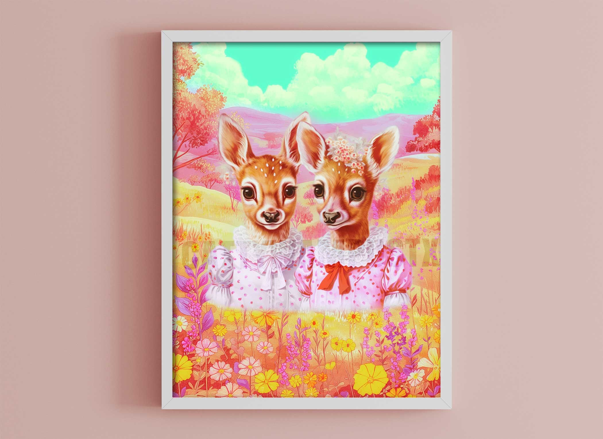 Kitschy Anthropomorphic Deer Fine Art Print, Whimsical Fawn Kitsch Wall ...