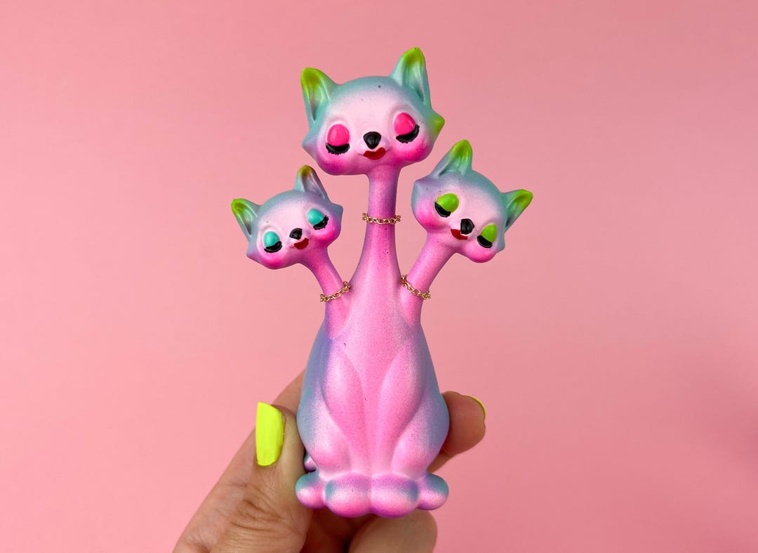 Kitschy Anthropomorphic 3 Headed Cat - Hand Painted Resin Figurine ...
