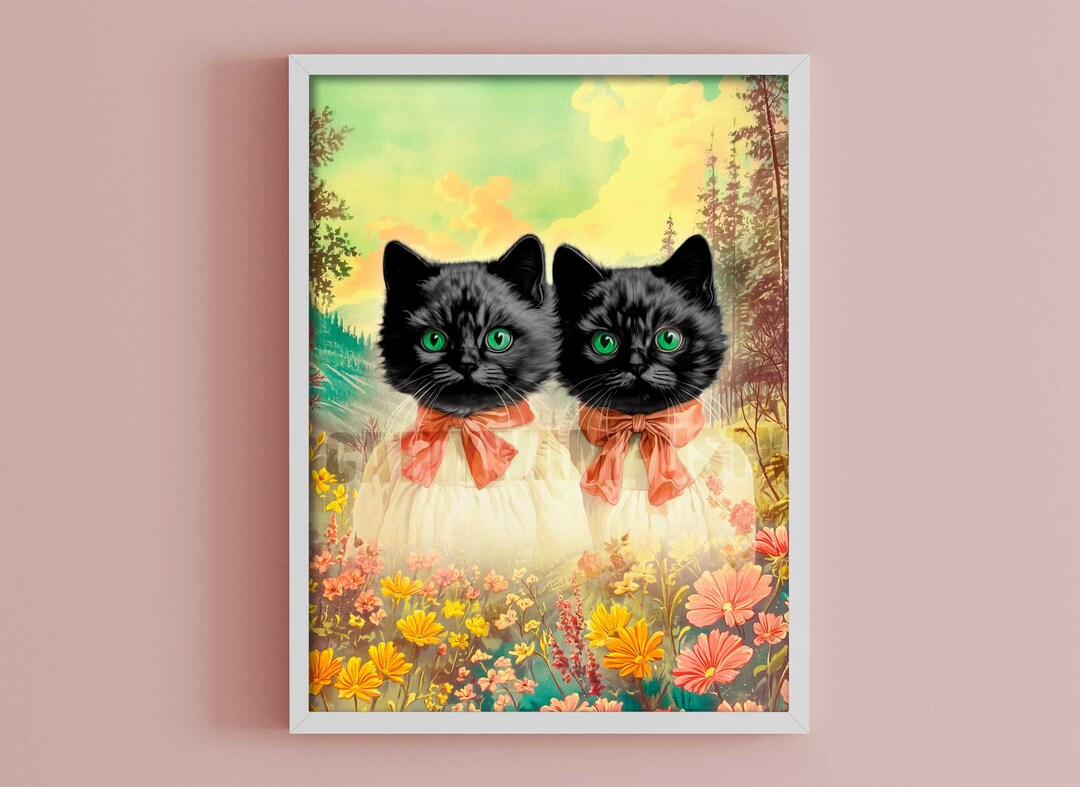 Kitschy Anthropomorphic Black Cats Fine Art Print, Whimsical Kitsch ...