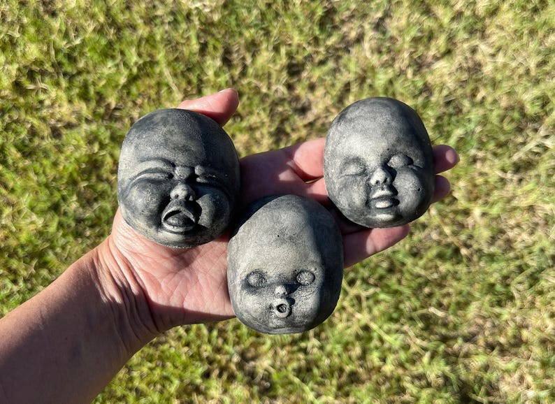 Set of 3 Creepy Baby Doll Head Faces Spooky Wall Art, Cement Garden ...
