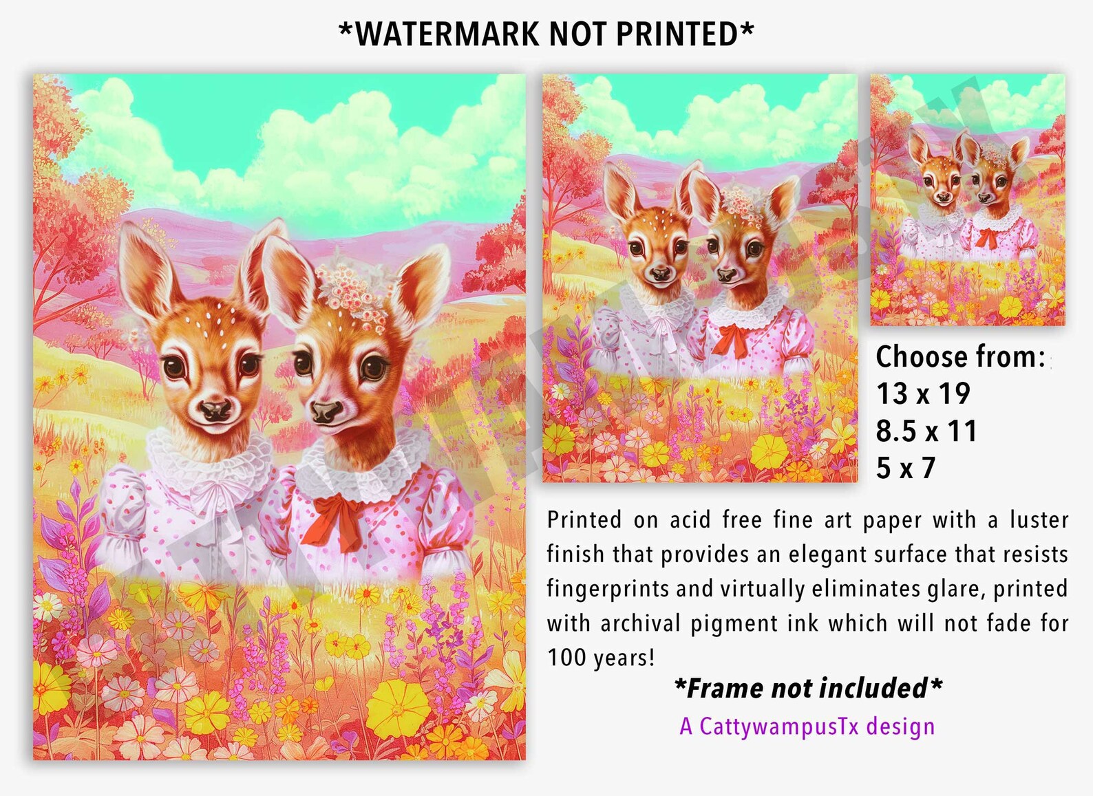 Kitschy Anthropomorphic Deer Fine Art Print, Whimsical Fawn Kitsch Wall ...