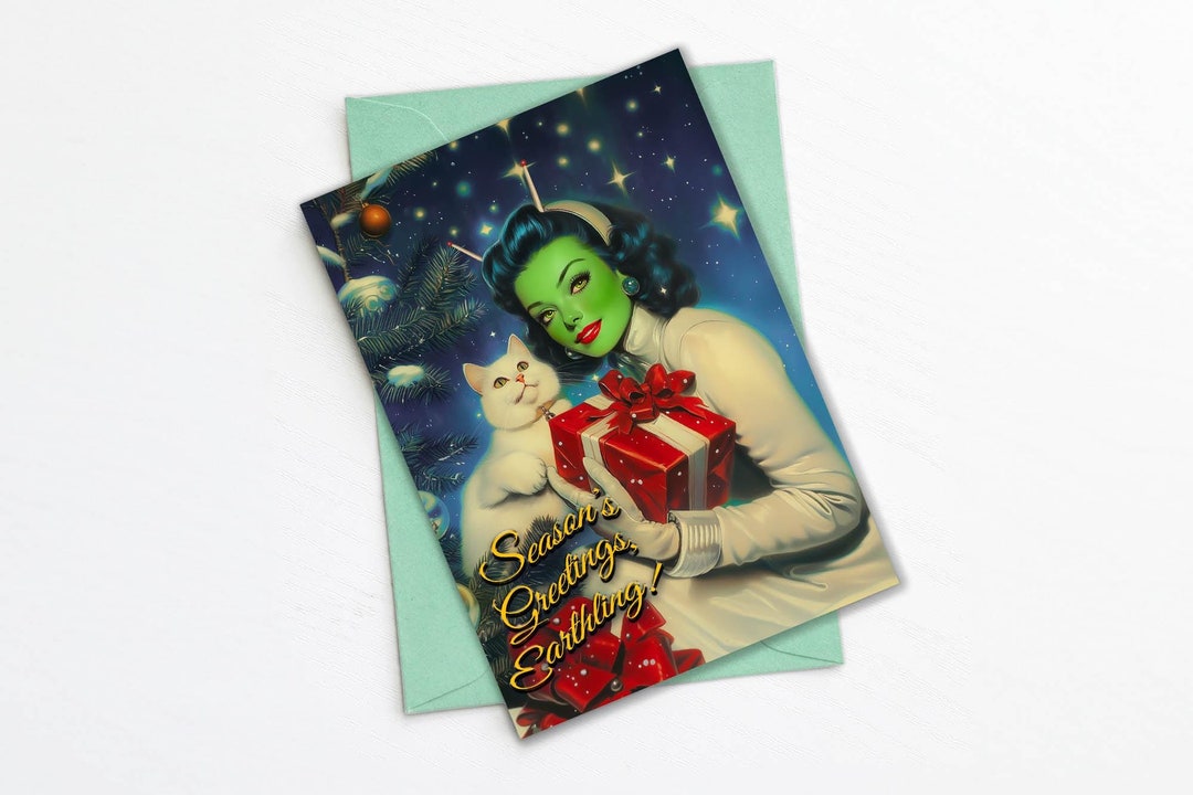 Vintage Inspired Sci-fi Christmas Card - Alien Pinup Martian Woman ...