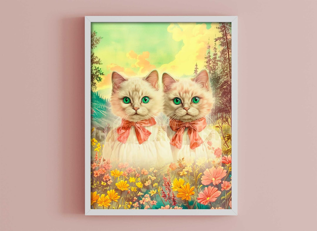 Kitschy Anthropomorphic Cats Fine Art Print, Whimsical Kitsch Wall Art ...