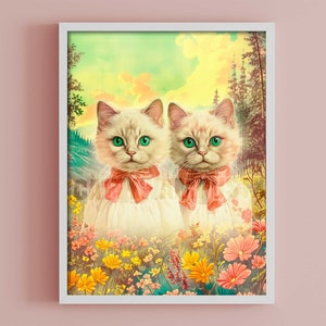 Kitschy Anthropomorphic Cats Fine Art Print, Whimsical Kitsch Wall Art ...