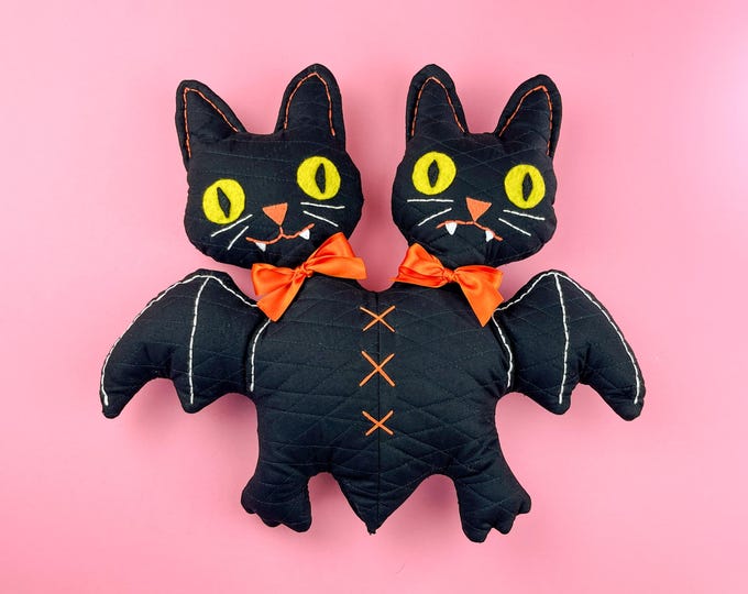 Two-headed Black Cat-bat Plush, Kitschy Handmade Halloween Decorations ...
