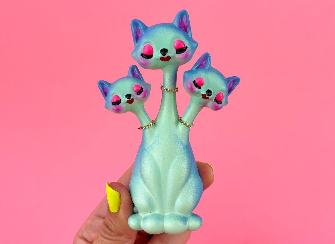 Kitschy Anthropomorphic 3 Headed Cat - Hand Painted Resin Figurine ...