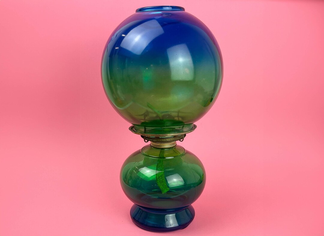 Vintage P & A Risdon Glass Kerosene Oil Lamp – Blue-green Ombre Globes Mid-century Style Retro ...