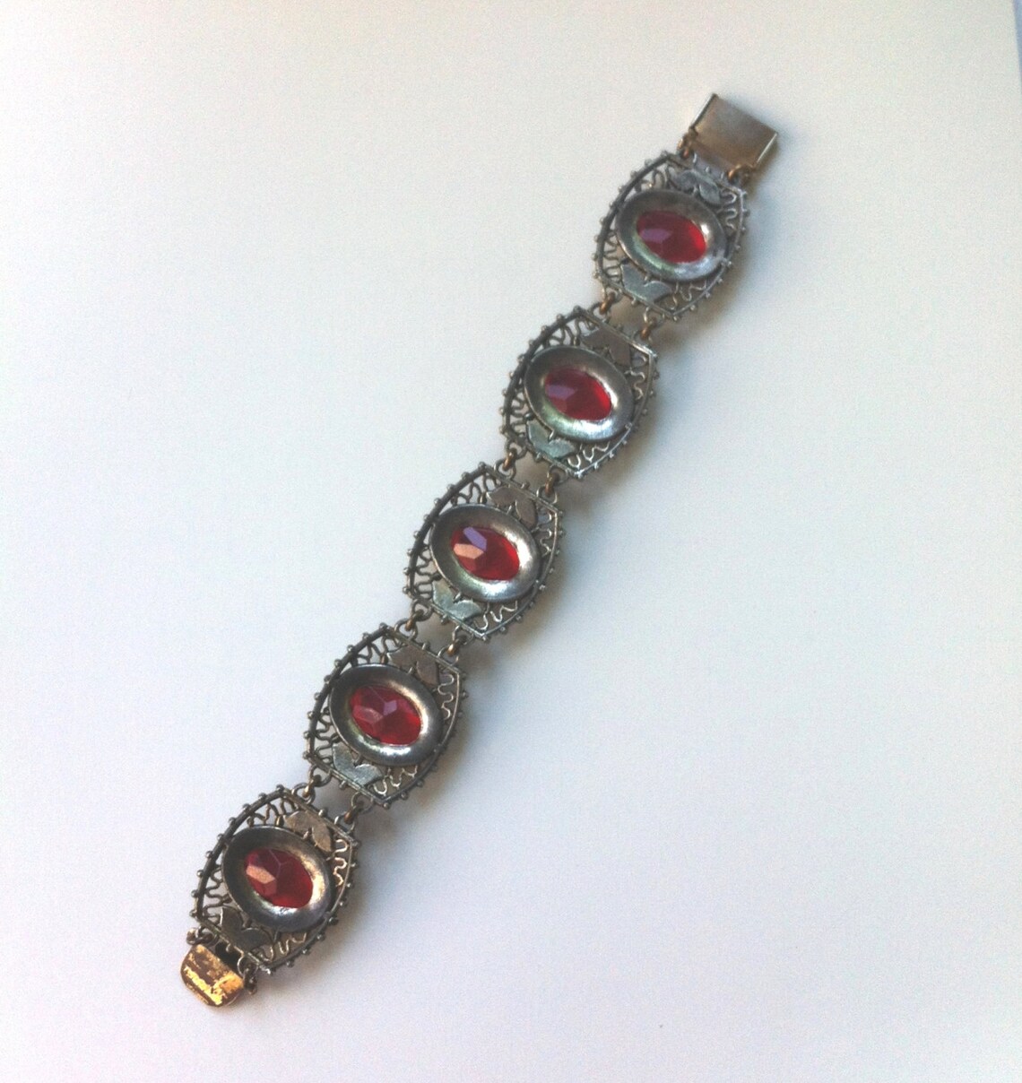 Vintage Renaissance Revival Bracelet Red stones Silver | Etsy