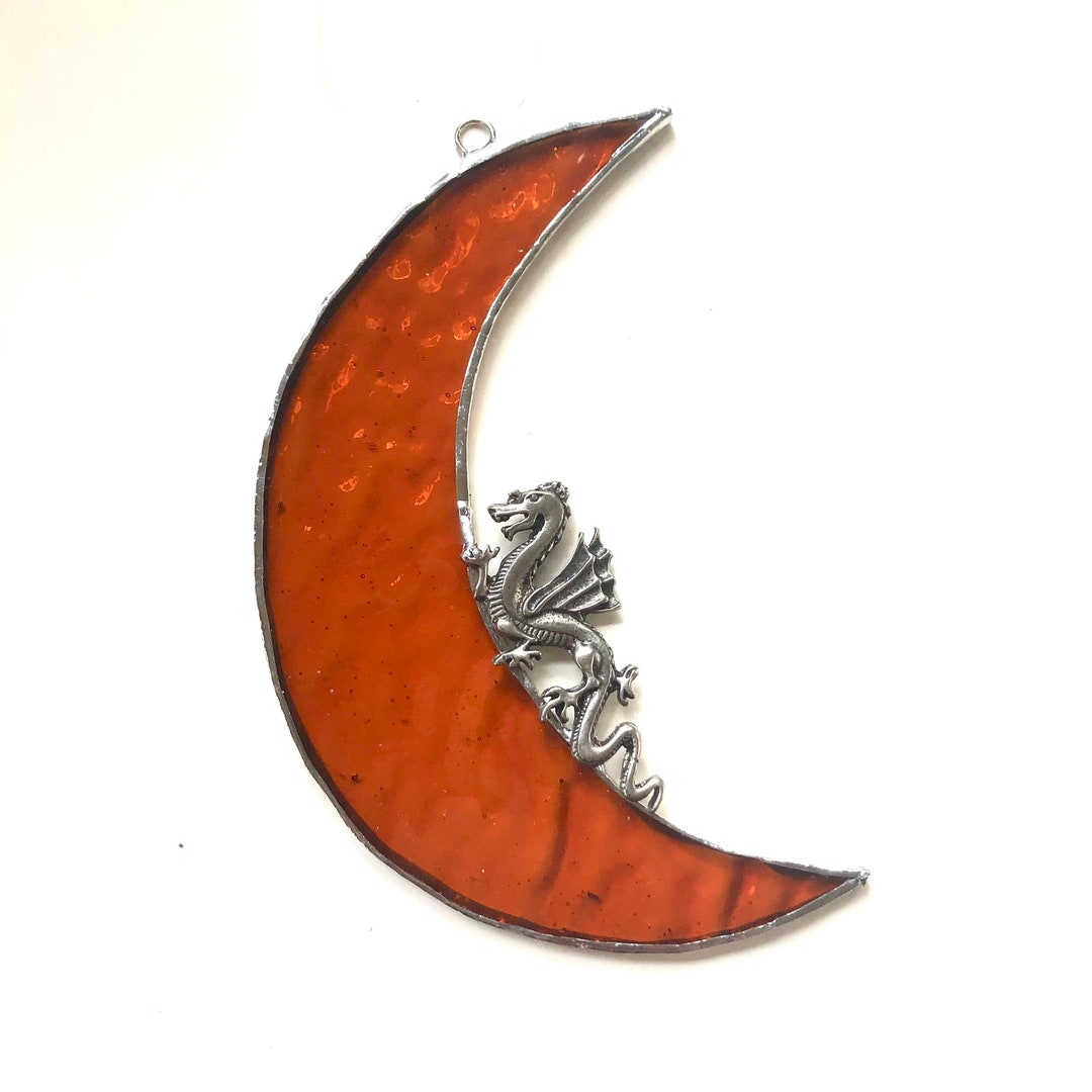 DRAGON MOON - Amber Moon Suncatcher - Dragon Gamer Gift - Stained Glass ...