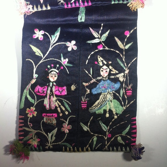 Vintage Chinese - Money Pouch - Black Silk - Two Flap… - Gem
