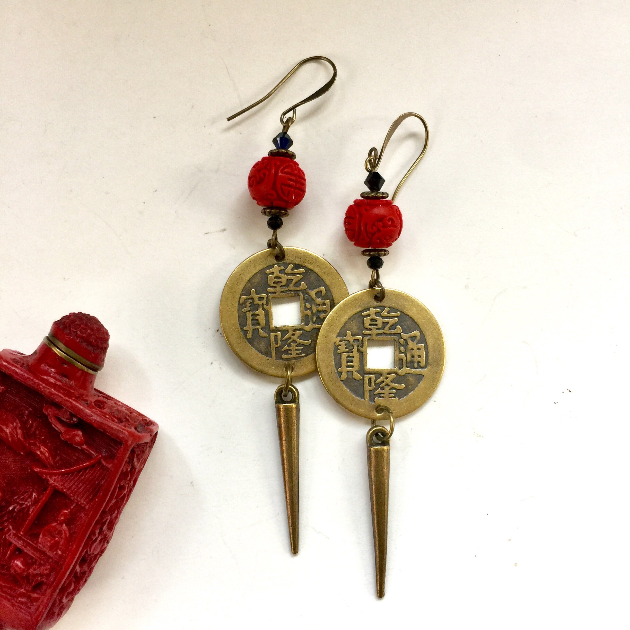 ASIAN STEAMPUNK - 4" Cinnabar Spike Dangles - Brass Coins - Qian Long ...