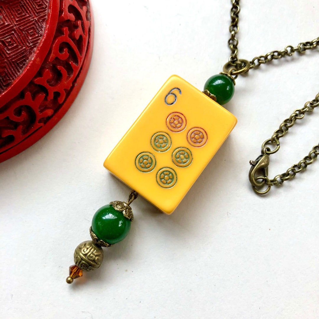 Vintage MAHJONG & JADE Necklace - Bakelite Six Dot Tile - Forest Green ...