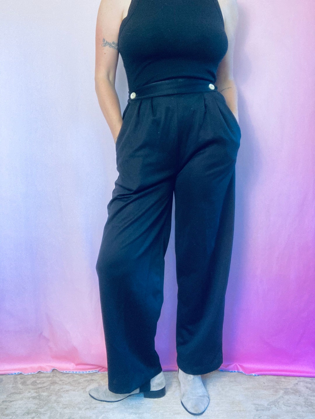 Vintage Black Pleated Front Buttons Pants Size Small 28x28 - Etsy