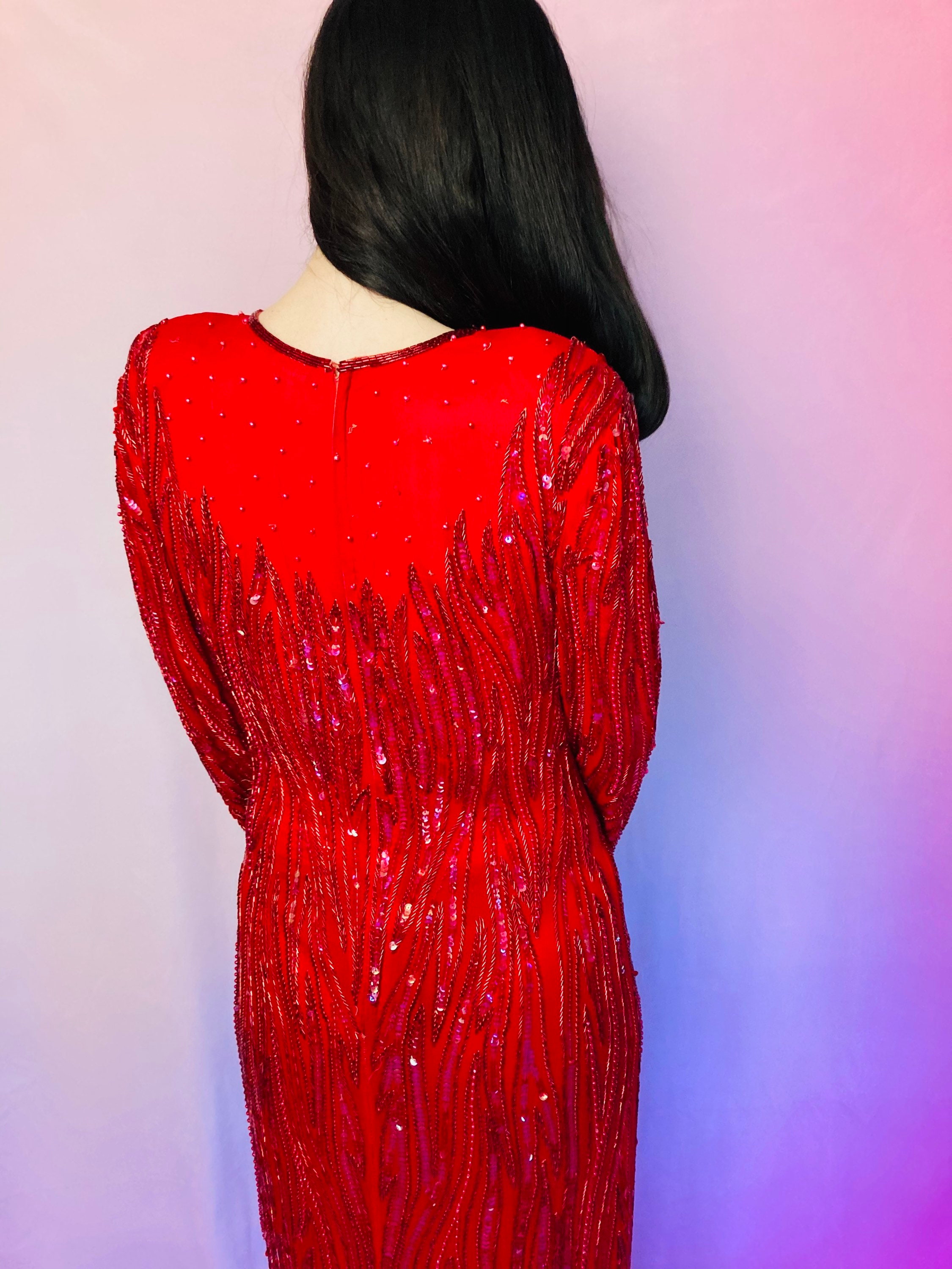 Vintage Red Evening Gown /vinnie Red Flame Beaded/full Length - Etsy