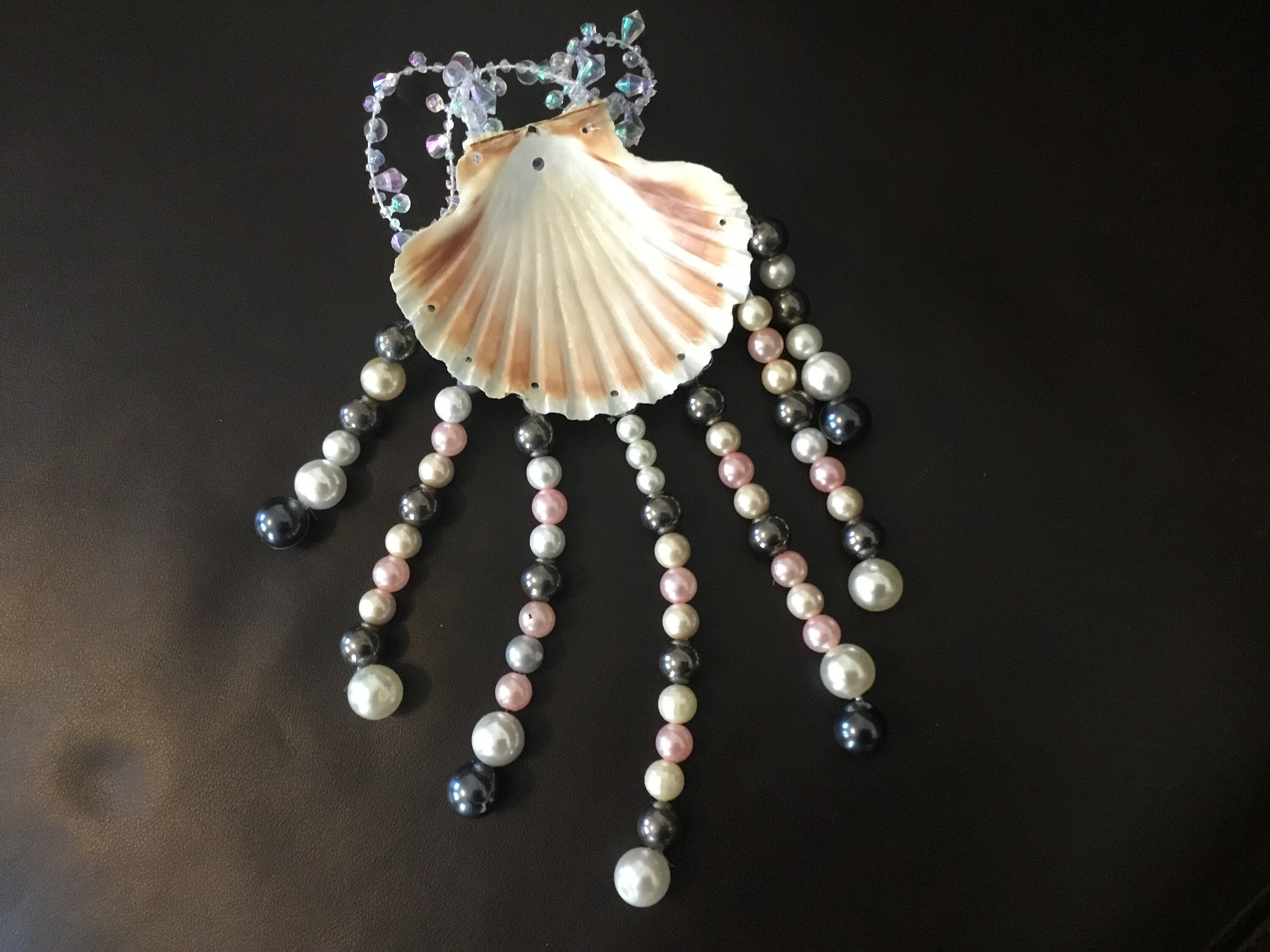 Hand decorated scallop shell , hand drilled with pearls, black and pink ...