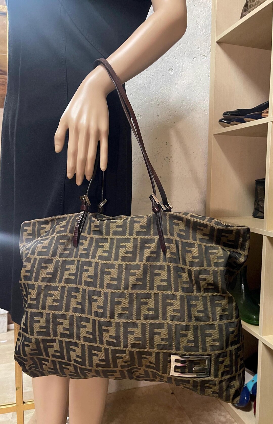 Fendi ZUCCA FF Logo Canvas Vintage Large Dark Brown Shoulder Bag - Etsy