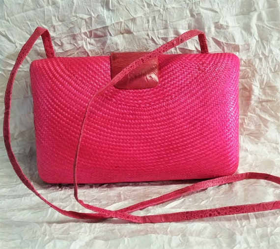 Vintage Hot Pink Hard Shell Bag Frog skin & Wicker, H… - Gem