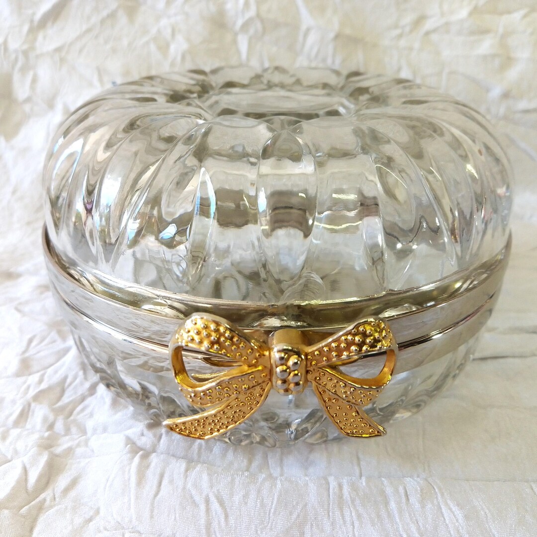 Heavy Glass Domed Jewellery Bowl, Silver Plated Borders & Golden Bow ...