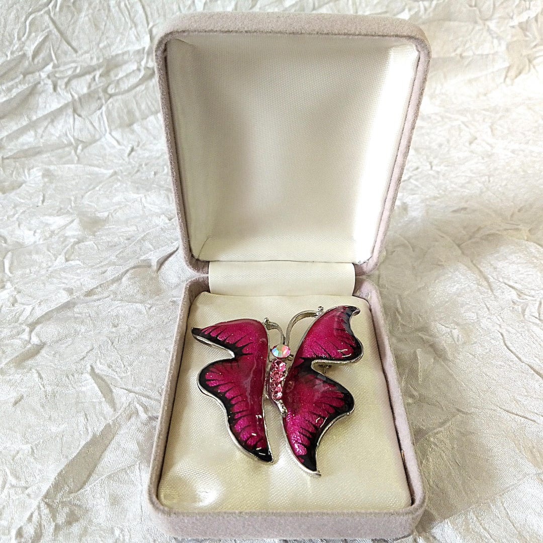Vintage Asymmetrical Butterfly Brooch: Fuchsia Enamel, Pink Rhinestones ...