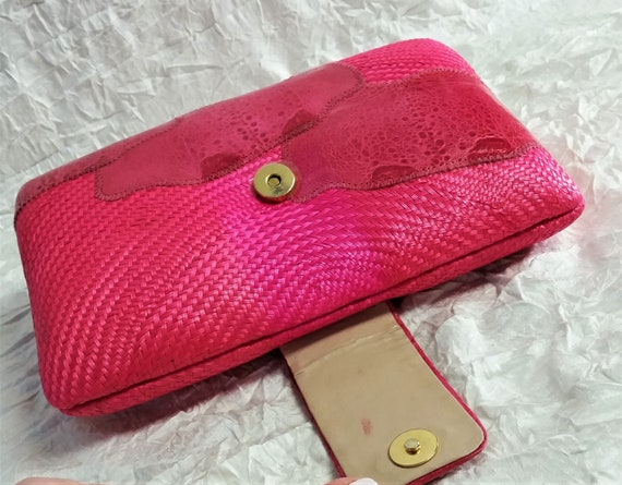 Vintage Hot Pink Hard Shell Bag Frog skin & Wicker, H… - Gem