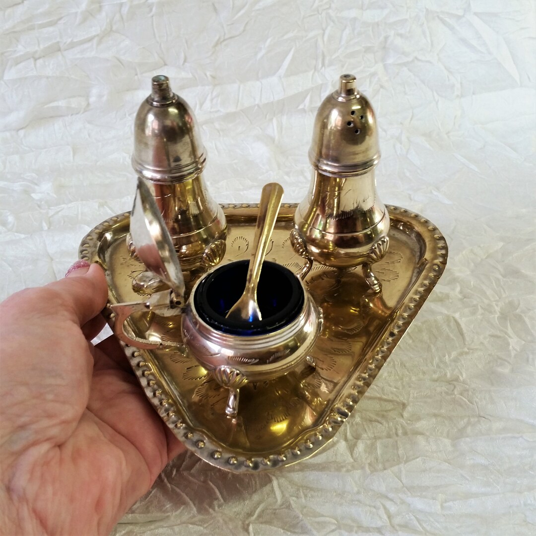 1950s EPNS / Brass Condiment Set With Blue Liners - Pot & Spoon, Salt ...