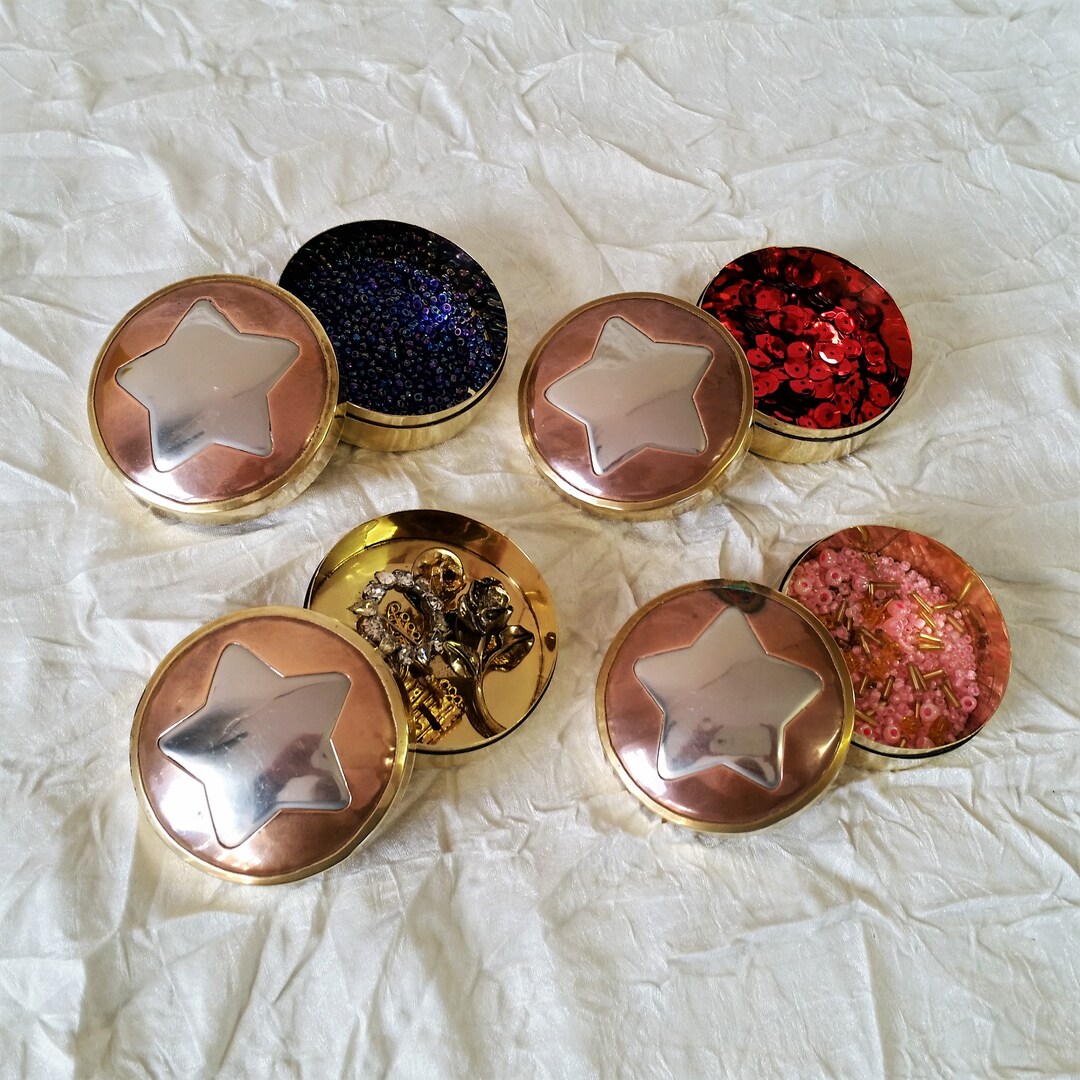 Four Small Round Brass Tins, Silver Star on Lid Trinkets, Beads ...