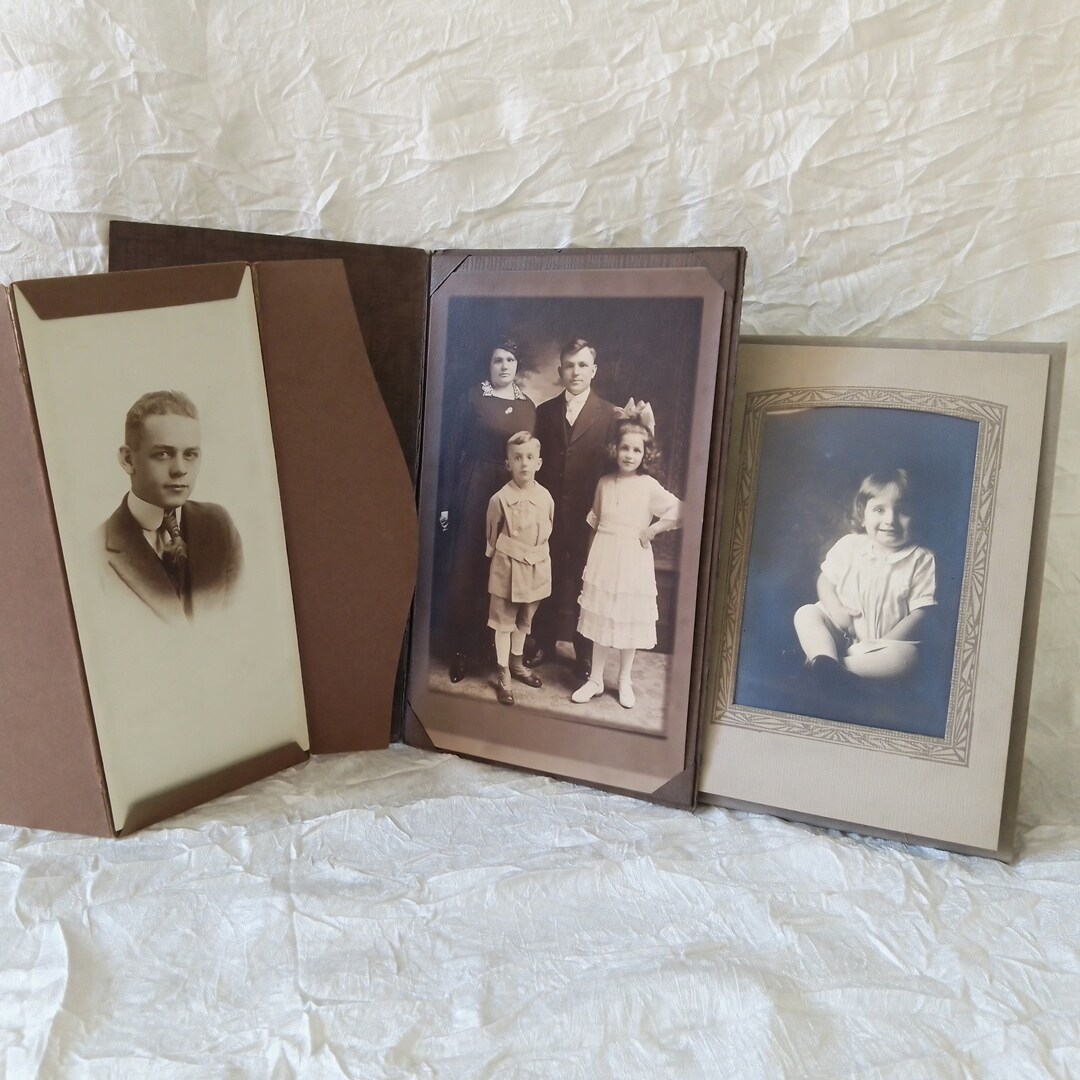 Three Antique Photos in Folders Young Man, Small Girl & Family USA ...