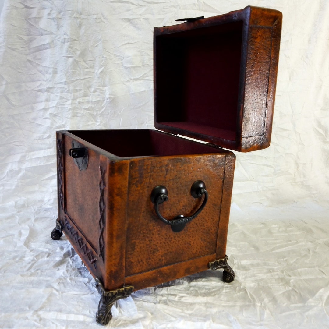 Vintage Treasure Chest Box Brown Leather on Wood, Claw Feet, Lined ...