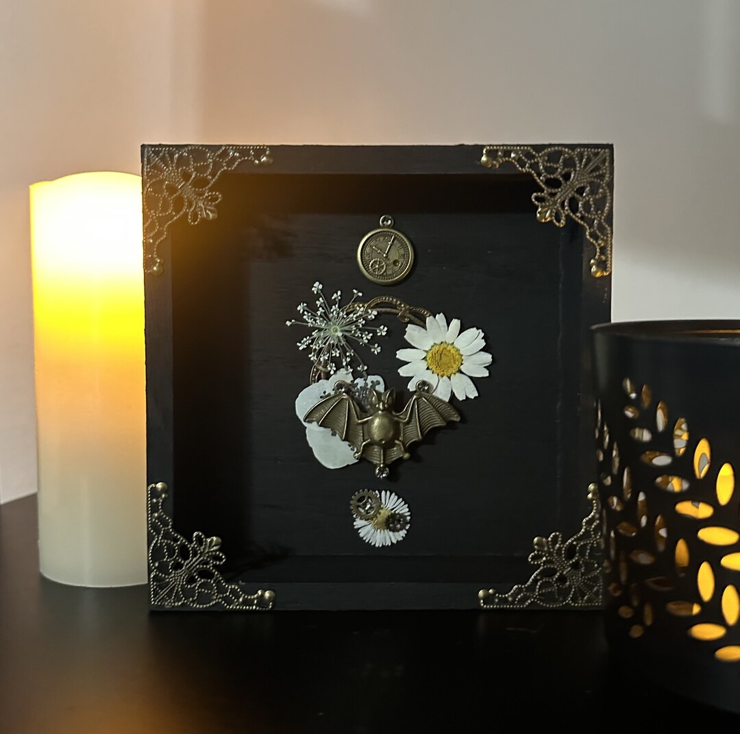 Wings, 5 X 5 Steampunk Art Shadow Box, Trinket Art, Bat Art, Wall Art ...