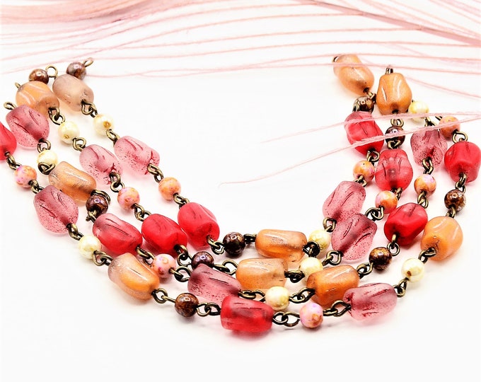 Pink Peach Tulip Beaded Chain, Premium Czech Glass Chain, Linked Glass ...