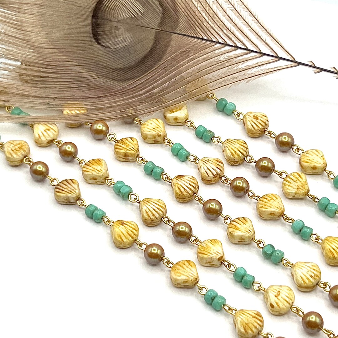 Lemon Shell Beaded Chain, Beach Inspired Shell Chain. Czech Glass Chain ...