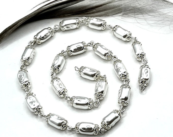 White Tube Chain, 10 X 5 Mm White and Silver Pearl Chain, Rosary Chain ...