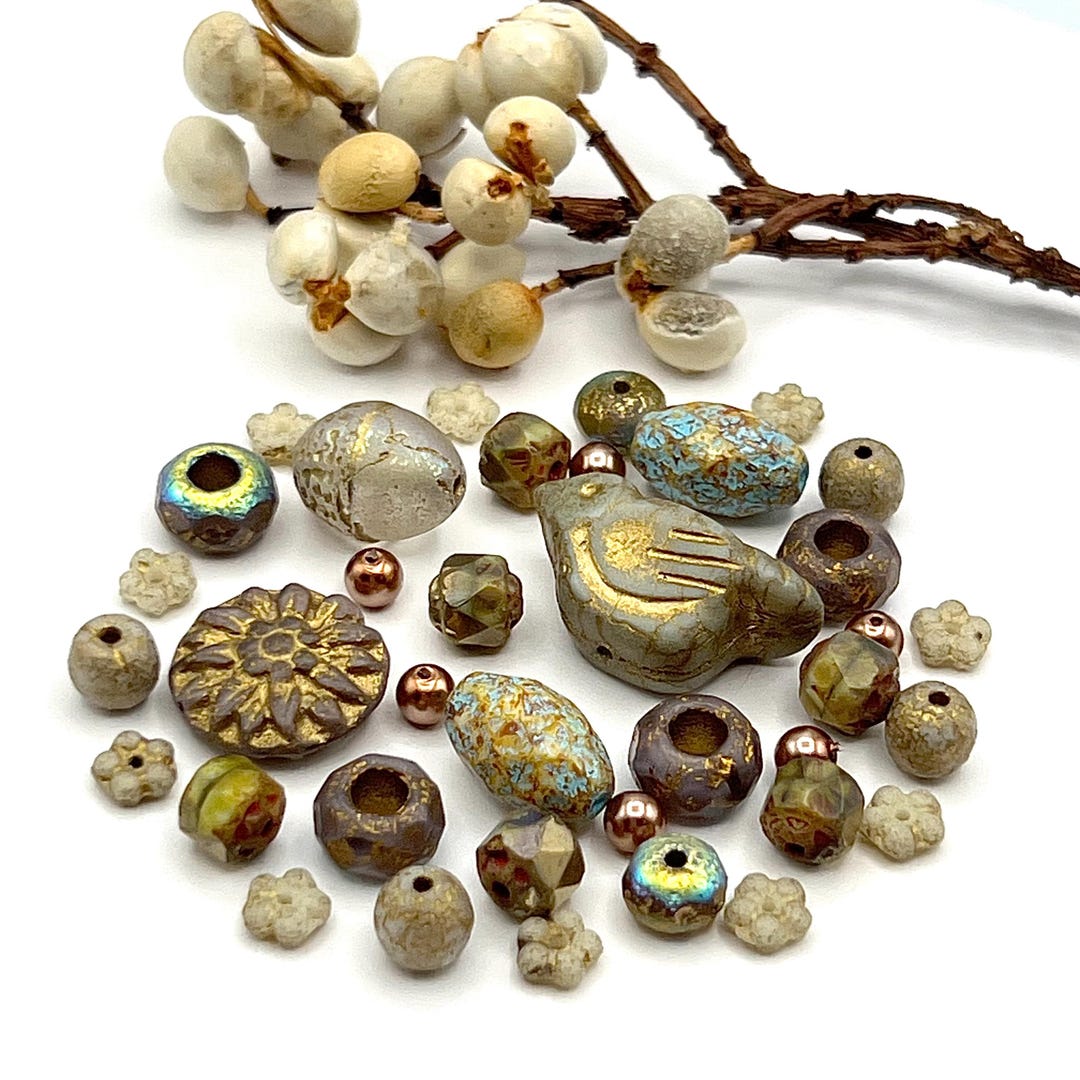 Taupe Bird Bead Mix, Crystal Gold Acorns, Curated Czech Glass Beads ...