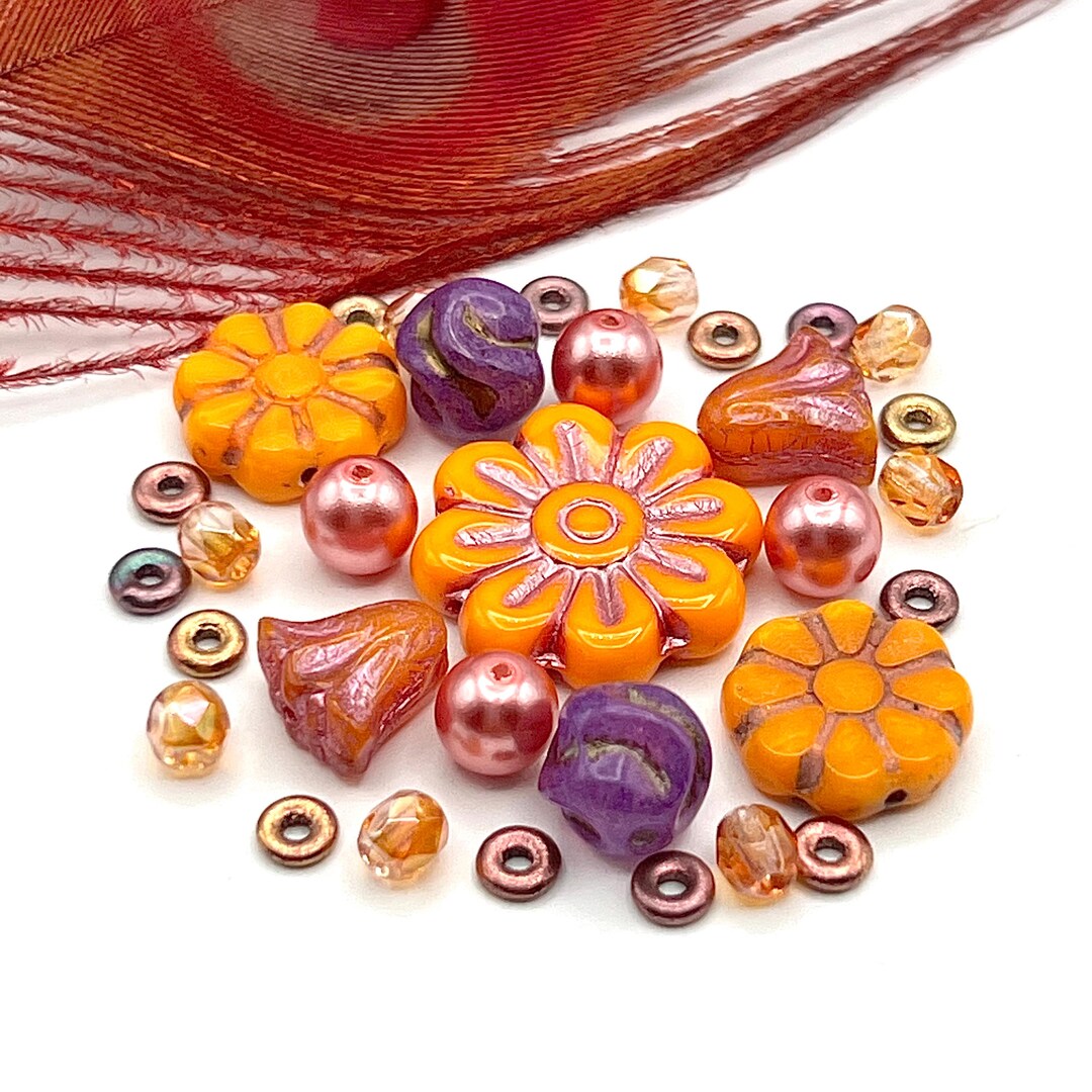 Tangerine Daisy Bead Mix, Orange and Raspberry Beads, Curated Bead Mix ...