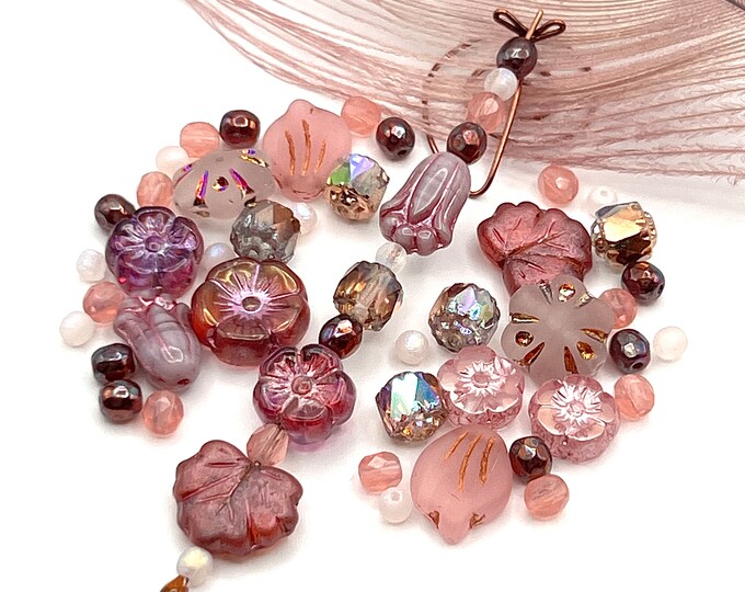 Raspberry Floral Bead Mix, Mixed Lot Czech Glass, Jewelry Making Supply ...