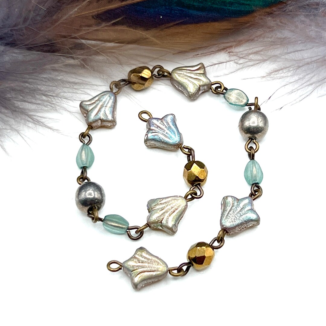 Thankful Sale, Taupe Day Lily With Aqua Chain, Czech Glass Beaded Chain ...