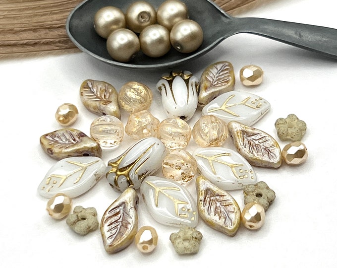 Alabaster Cream Bead Mix, Pressed Glass Czech Glass, Winter White Mixed ...