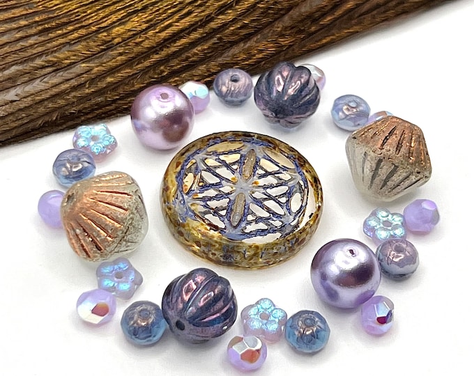 Purple Flower of Life Bead Mix, Premium Czech Glass Beads, Curated Bead ...