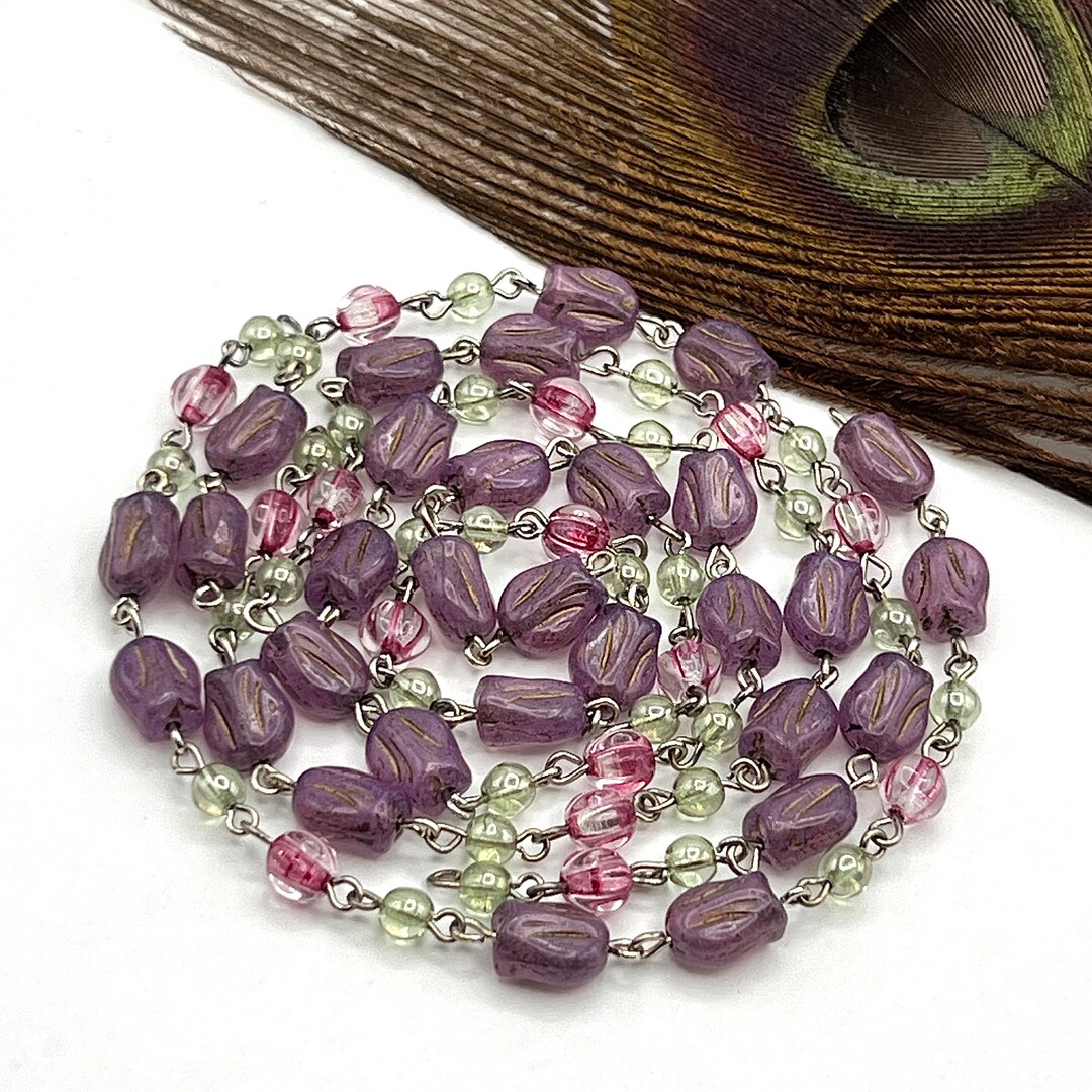 Lavender Tulip Beaded Chain, Mini Tulips Floral Chain, Czech Glass Bead ...
