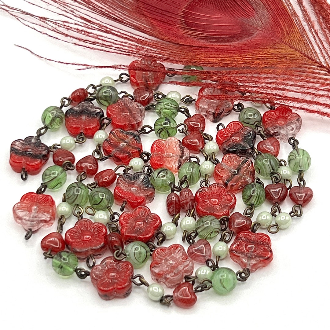 Red Apple Blossom Chain, Spring Beading, Glass Floral Chain, Czech ...