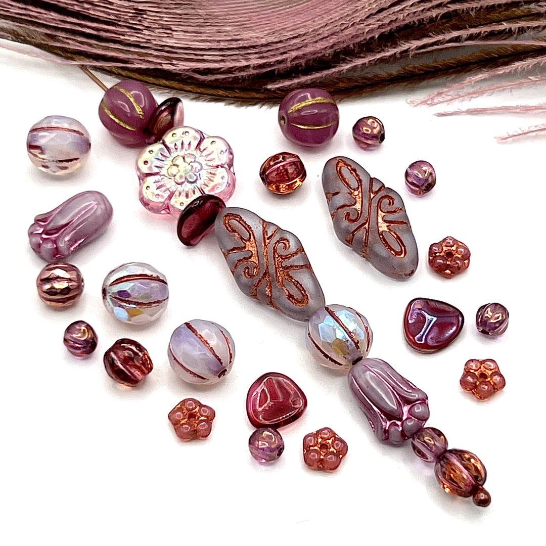 Lavender Arabesque Bead Mix, Floral Beads, Mixed Lot Beads, Czech Glass ...