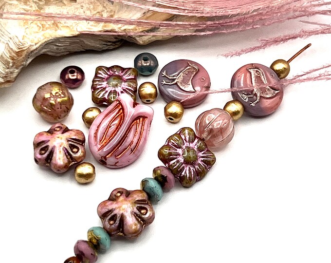 Dusty Pink Floral Bead Mix, 12 Mm Bird Beads, Premium Czech Glass Beads ...