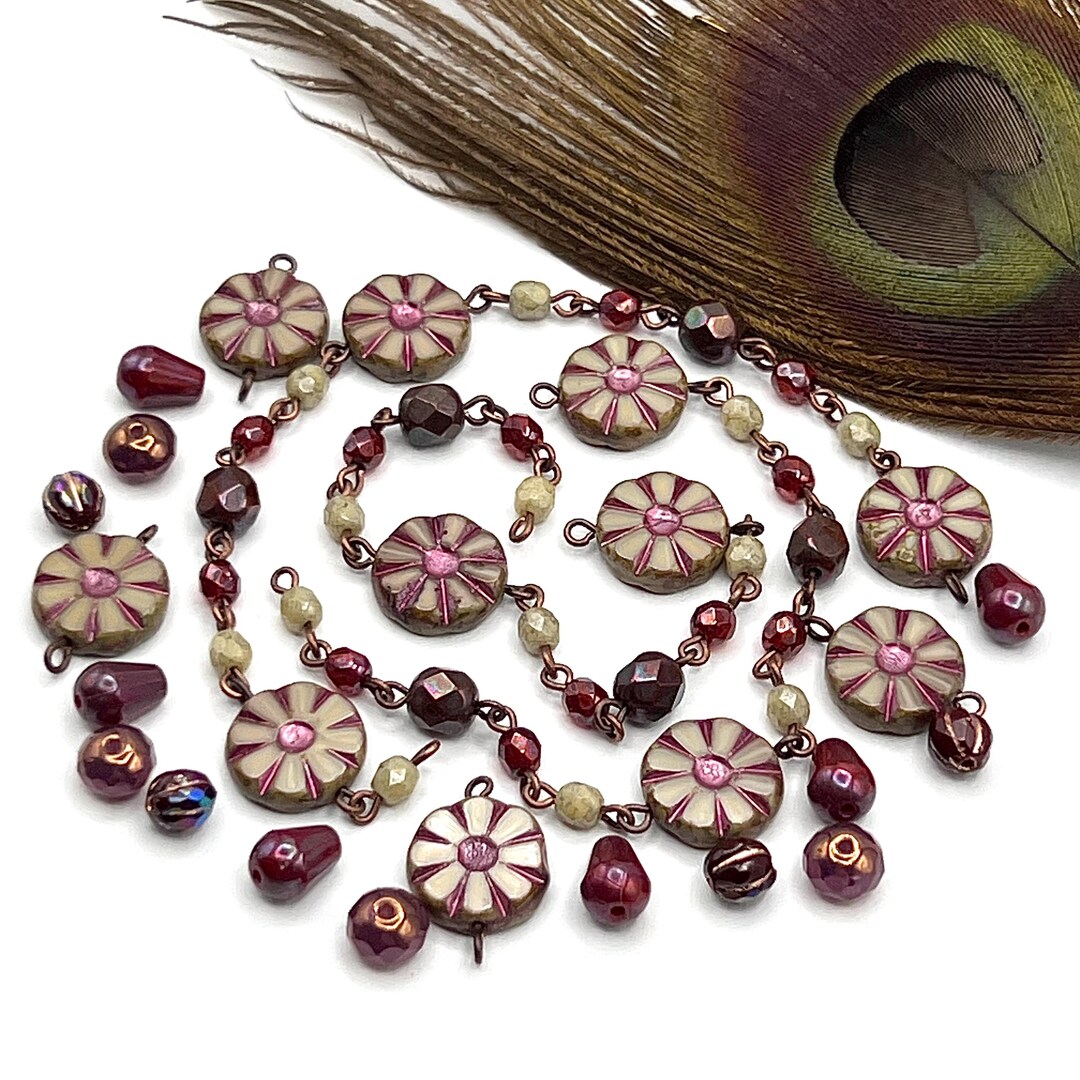 OOAK Raspberry Cream Sunflower Chain, Coordinated Czech Glass Beads ...