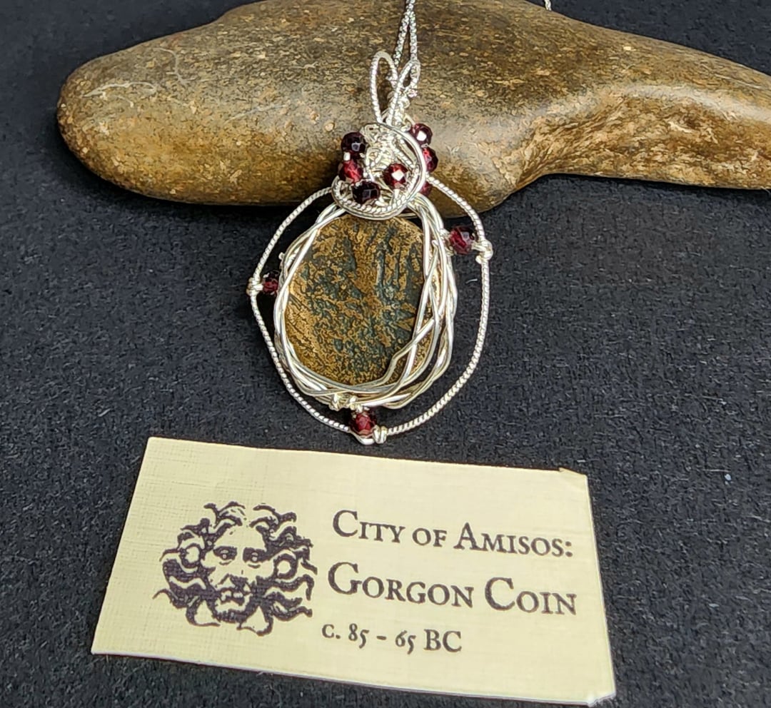 Ancient Greek Coin Necklace Sterling Silver Garnet Bronze Medusa Gorgon ...