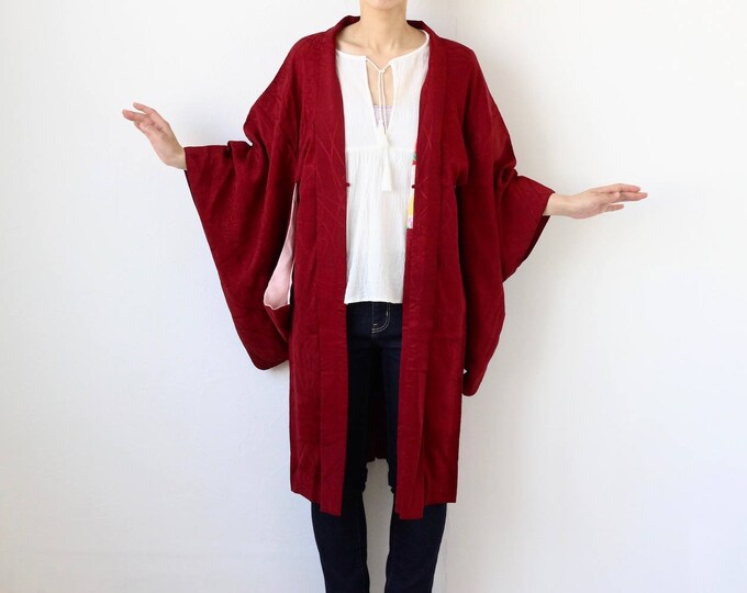 Kimono, Silk Kimono Robe, Floral Kimono Jacket, Dark Red, Japanese ...
